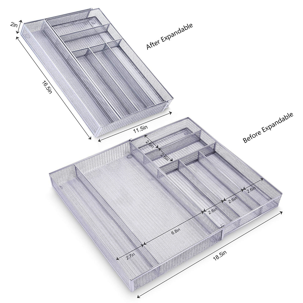 WuGeShop Mesh Kitchen Drawer Organizer Expandable, 7 Compartment Large Silverware Organizer/Cutlery Tray with Anti-Slip Mat, Adjustable Utensils Organizer Flatware Tray