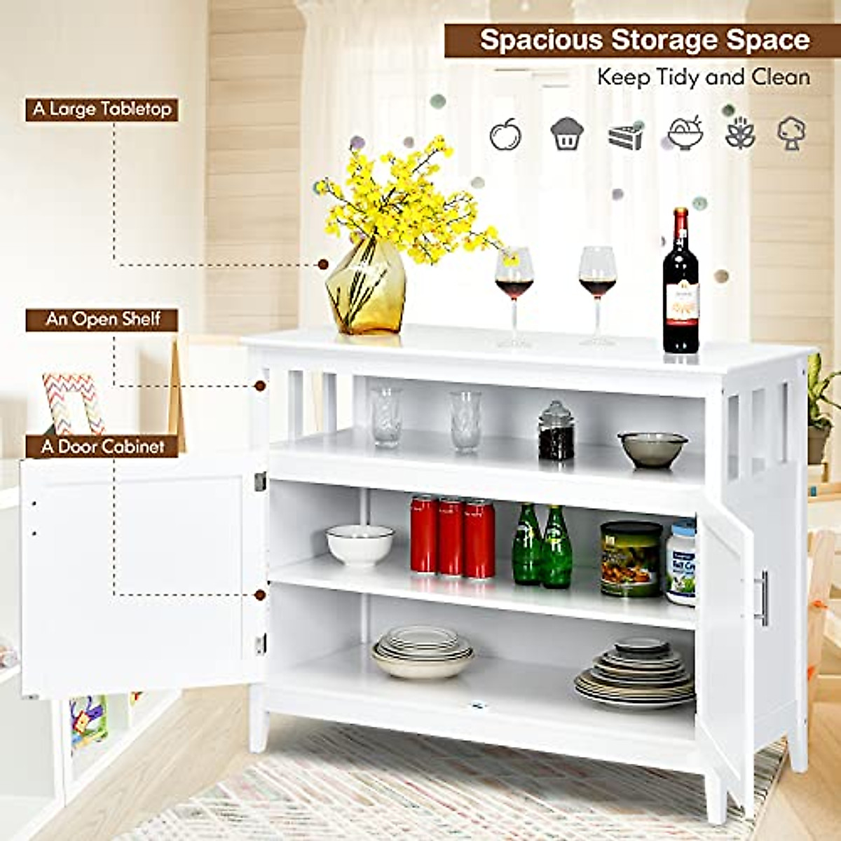 Costzon Kitchen Sideboard Storage Cabinet, Wooden Server Buffet Mid Century Modern Sideboard, Free Standing Narrow Storage Cupboard with 2-Level Open Adjustable Shelf for Home Living Room (White)