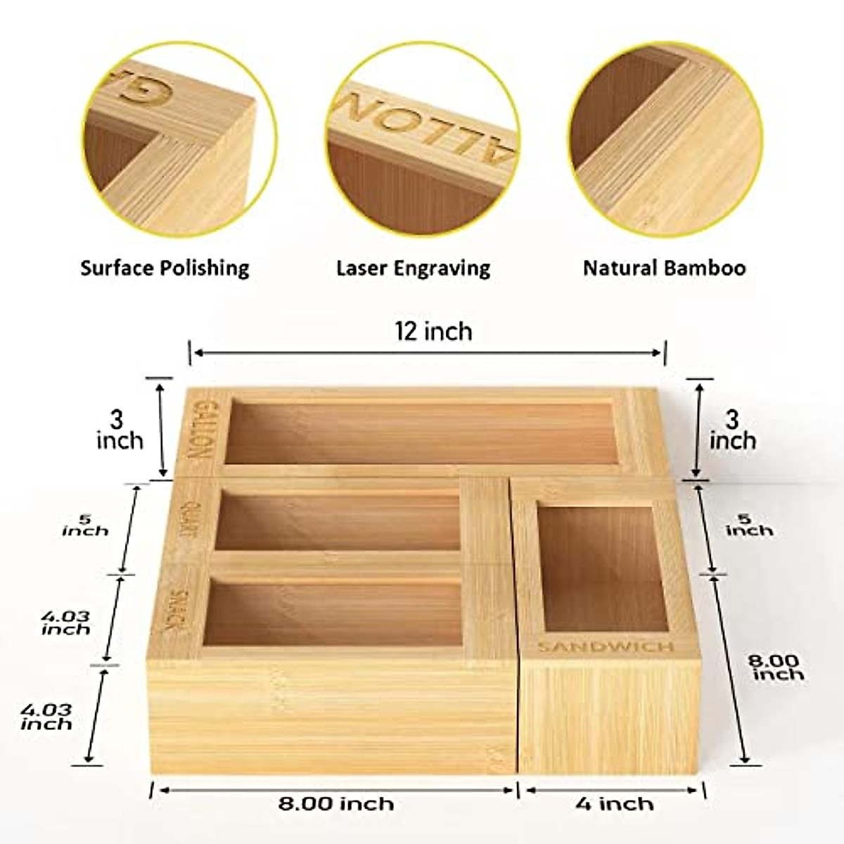 Migarndy Ziplock Bag Storage Organizer, Moso Bamboo Ziplock Bag Organizer for Drawer, Suitable for Gallon, Quart, Sandwich, Snack, Slider Bags, Compatible with Ziploc, Solimo, Glad, Hefty (Bamboo)