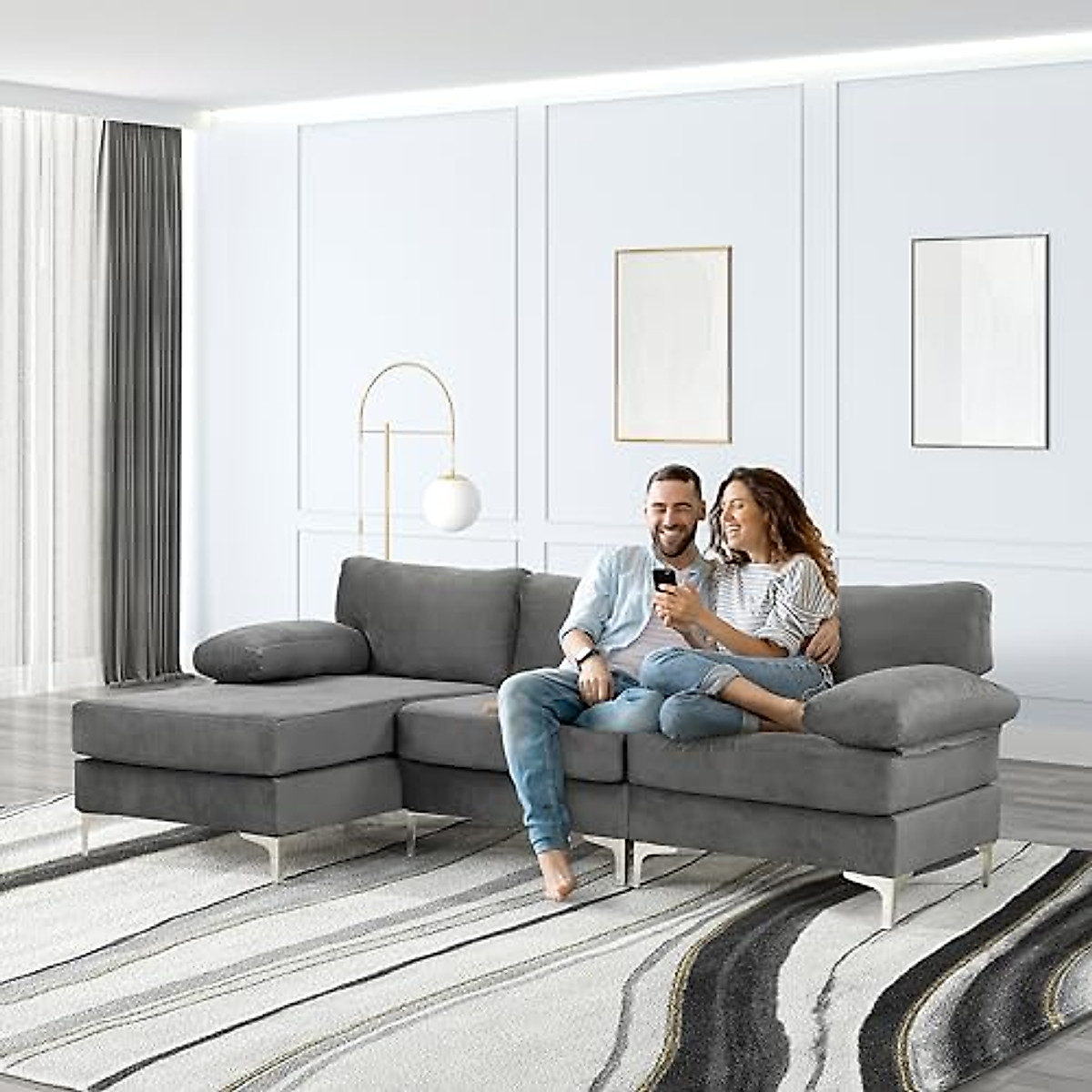 Casa Andrea Milano llc Modern Large Velvet Fabric Sectional Sofa L Shape Couch with Extra Wide Chaise Lounge