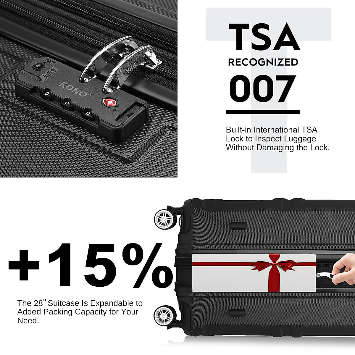 Kono 3 Piece Luggage Sets Expandable(only 28") Lightweight with Spinner Wheels TSA Lock Hardside Travel Rolling Suitcases 20in 24in 28in Carry on Black