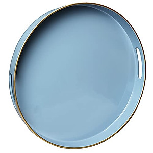 Spsyrine Round Blue Decorative Tray, 13" Plastic Serving Table Tray with Handles for Breakfast, Round Modern Ottoman Tray for Coffee Table, Bathroom, Kitchen, Living Room