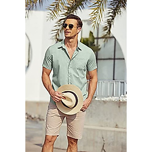 JINIDU Men Linen Shirts Short Sleeve Button Down Shirt Athletic Fit Dress Shirts Light Green