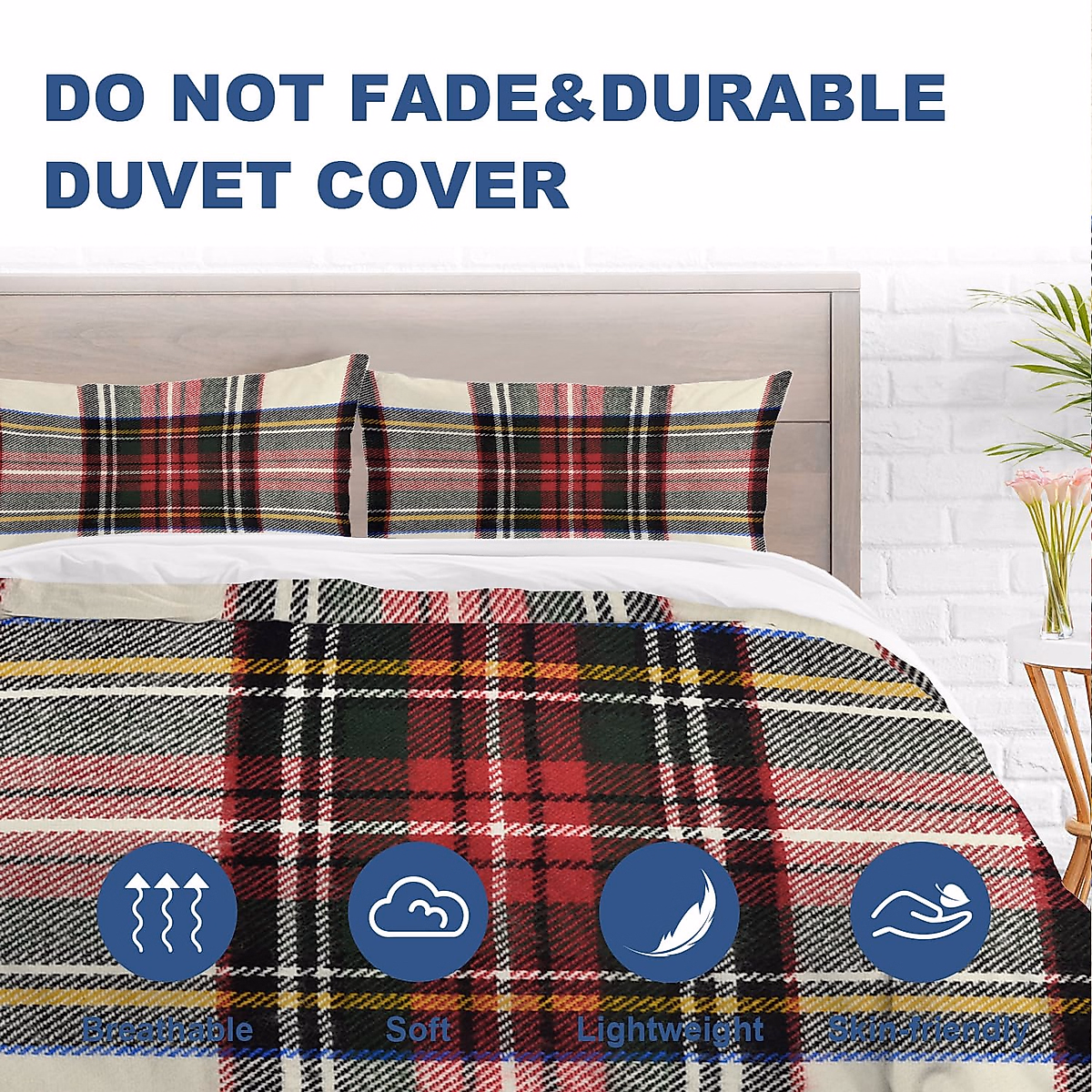 Batmerry Scottish Tartan King Size 3 Pieces Bedding Comforter Sets,Soft Fluffy Square Green Wool Plaid Pattern Printed PolyesterDuvet Cover for All Season