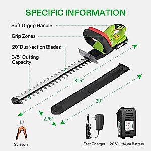 VIVOSUN 20" Cordless Hedge Trimmer, 20V Electric Bush Trimmer, 1400 RPM Shrub Trimmer, Dual-Action Laser Blade, 3/5" Cutting Capacity, Lightweight & Compact Trimmer, Battery and Fast Charger Included