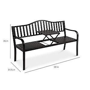 Best Choice Products Outdoor Garden Bench with Pullout Middle Table, Double Seat Steel Metal for Patio, Porch, Backyard w/Weather- Resistant Frame, 600lb Weight Capacity - Black