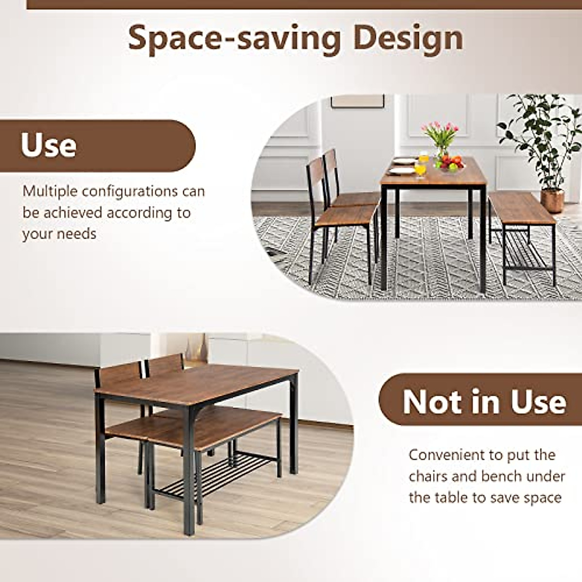 Tangkula 4-Piece Dining Table Set, Kitchen Table with Bench and Chairs, Metal Frame, Space-Saving Furniture, Modern 4-Person Dinette for Kitchen, Dining Room