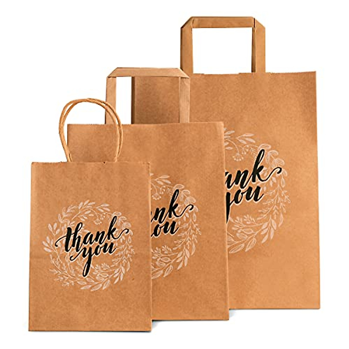 OSpecks 50 Count Small Thank You Gift Bags Bulk with Handle, Brown Kraft Paper Bags for Retail Shopping, Wedding, Goodies, Merchandise for Customers or Guests, Size 5.25 x 3.75 x 8 Inches