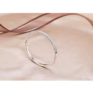 JewelryLand Rose Gold/Gold/Silver Titanium Stainless Steel Pave Cubic Zironia Simulate Diamond Stackable Oval Hinged Bangle Bracelet 6.5"-7" (6.5" Silver)