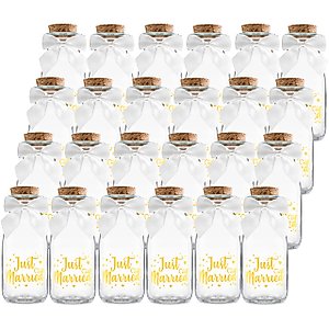 Ethisa Just Married Wedding Reception Bottles - 25 Pack Bulk Gold Glass Bottles for Favors - Wedding Party Souvenirs with White Ribbons and Thank You Stickers for Guests