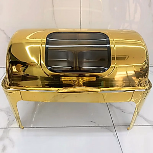 HONHPD 9 Quart Gold Stainless Steel Chafing Dish Buffet Set, Roll Top Rectangular Buffet Servers and Warmers Set Warming Tray, Chafer with Glass Window for Wedding, Parties, Catering（1pcs）