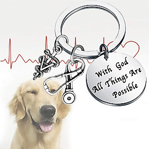 BEKECH Veterinarian Gift Veterinary Technician Gift with God All Things are Possible Keychain with Caduceus Stethoscope Charm Vet Tech Jewelry Animal Rescue Gift (Silver)