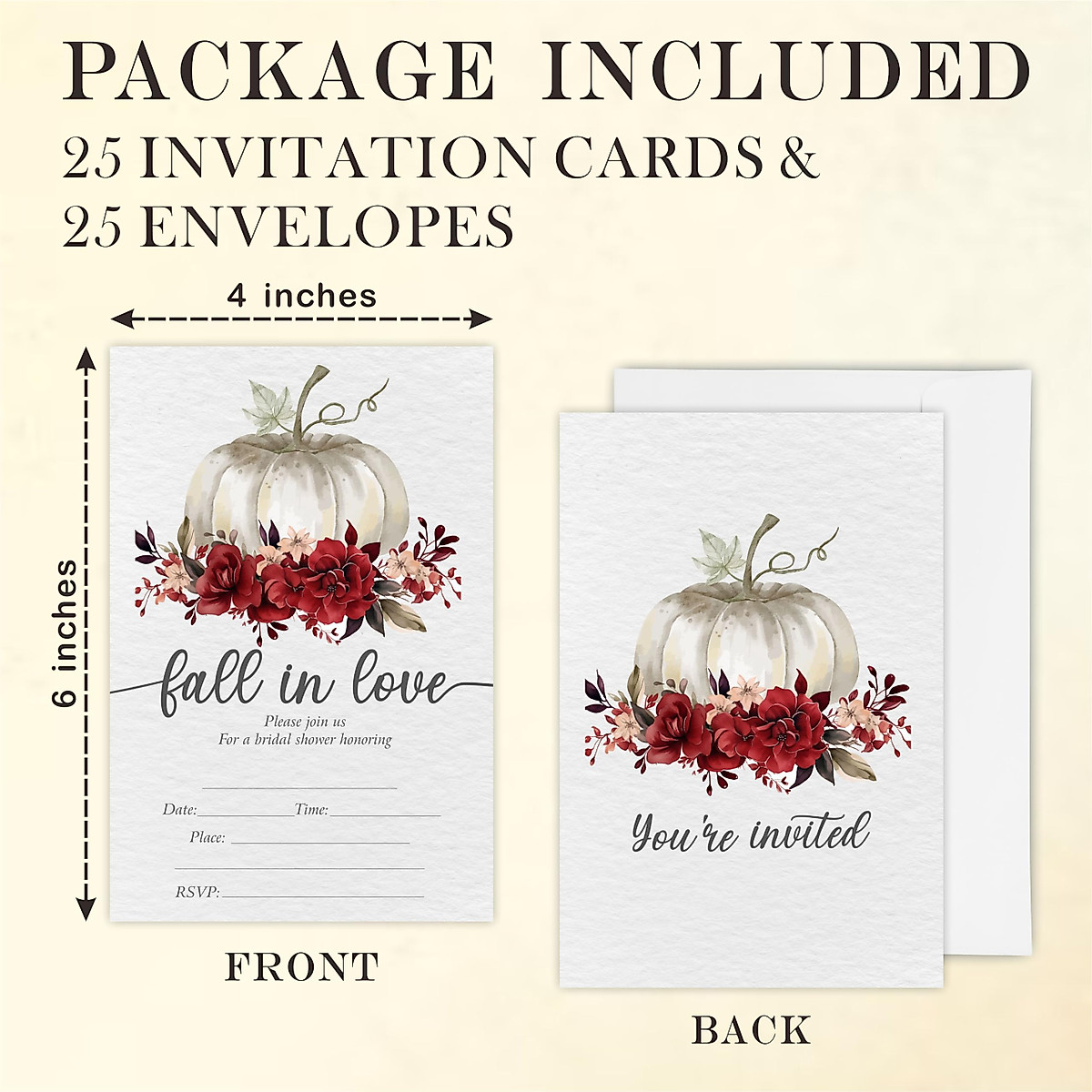 YKYENR Pumpkins & Floral Bridal Shower Invitations - Fall In Love - 4 x 6 Inches Invites (25 Cards & Envelopes) For Wedding Showers, Newlyweds Parties And Receptions - A14