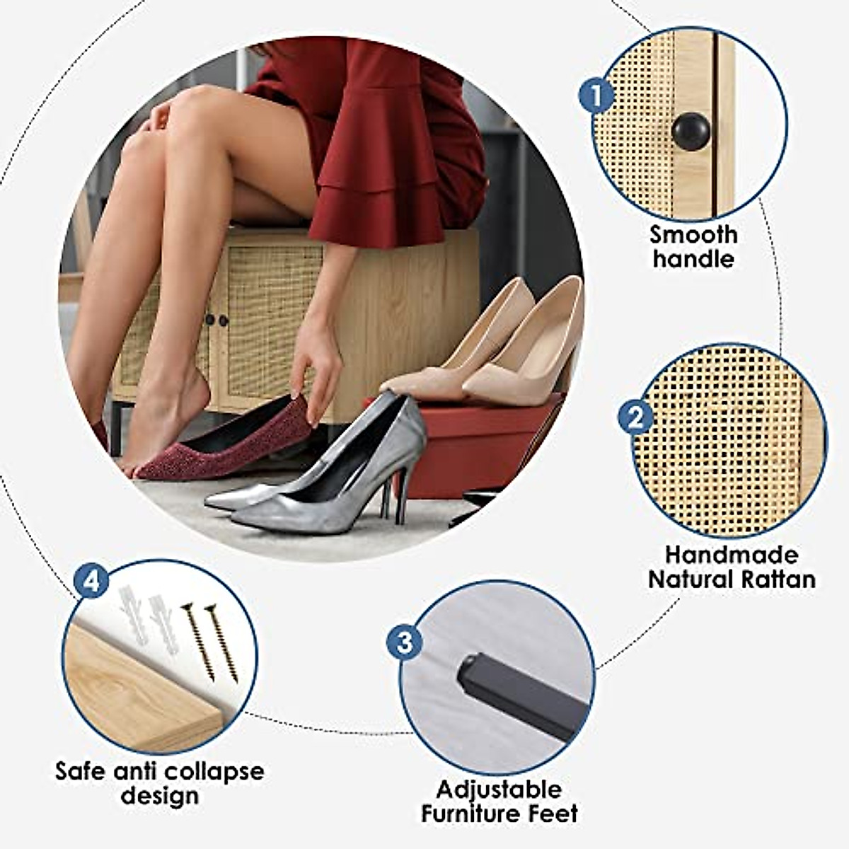 Brafab Free Standing Shoe Rack, Rattan Shoe Storage Cabinet with 2 Combinations of Shape, Multifunctional Slim Entryway Shoe Organizer with Adjustable Shelve for Entryway, Hallway, Window (Natural)