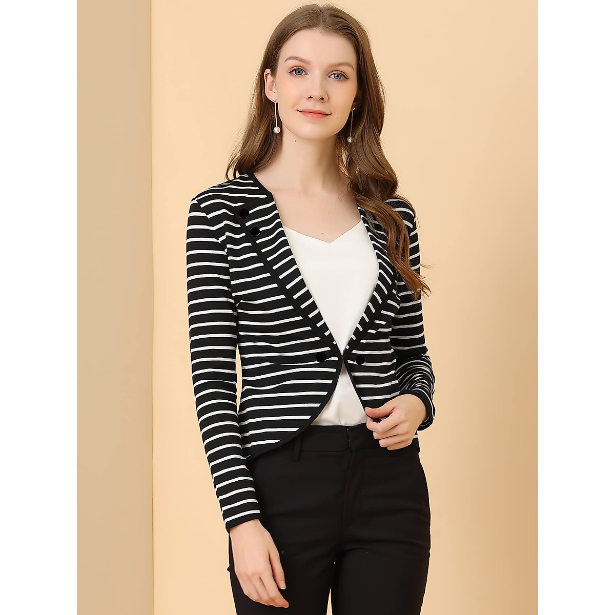 Allegra K Women's Notched Lapel Casual Work Office Striped Blazer X-Small Black