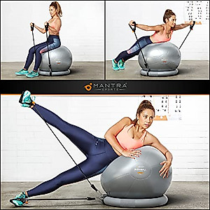 Exercise Ball Chair, Yoga Ball Chair With Resistance Bands, Pregnancy Ball with Stability Base & Poster. Balance Ball Chair Pilates Ball for Fitness, Home Gym, Physio, Birthing, Office & Working Out