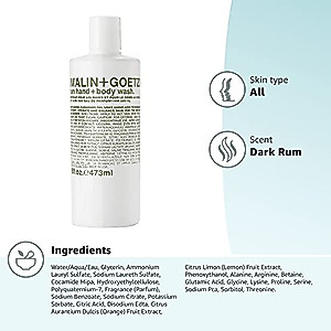 Malin + Goetz Rum Hand + Body Wash — cleansing, purifying, hydrating women and men’s , all skin types, dry, sensitive. No stripping or irritation. Cruelty-free and vegan 16 Fl oz