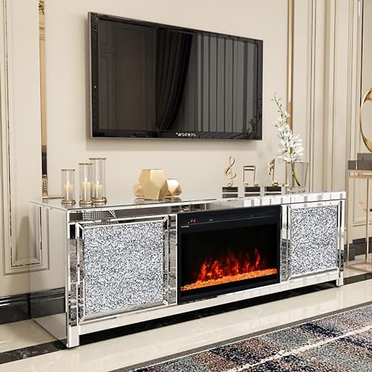 ENENE Mirrored TV Stand with Fireplace-10 Colors Changing Crystal Electric Fireplace tv Stand for 65 inch TV Electric Fireplace Entertainment Center for Living Room (Remote Control & 3D Flame)