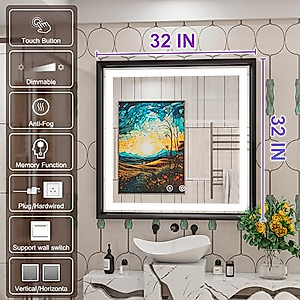 JSneijder 32x32 Inch LED Bathroom Mirror with Lights - Black Frame Lighted Mirror for Bathroom - Wall Mounted Dimmable Anti-Fog LED Vanity Mirror - Horizontal/Vertical, 6000K