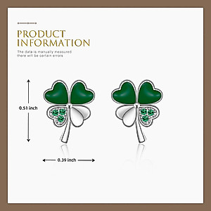 S925 Sterling Silver Heart Four Leaf Clover Shamrock Earrings for Women Irish Emerald Crystal Piercing Stud Charm Valentine ST Patricks Day Earring