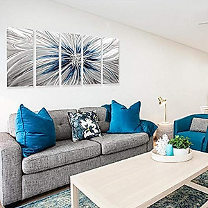 RICHSPACE ARTS Contemporary Metal Wall Art Blue and Silver Modern Sculpture Decor for Living Room 3d Flower Aluminum Artwork for Home and Office