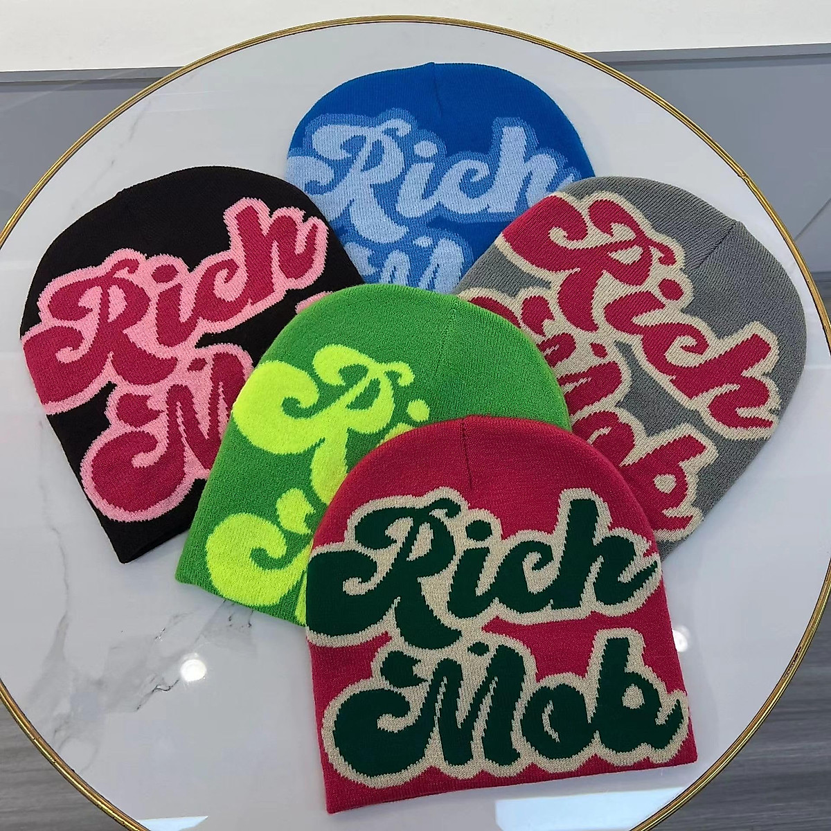 CORIRESHA Men Y2K Beanies Letter Graphic Knitted Hat Women Winter Soft Warm Cap Black Light Grey