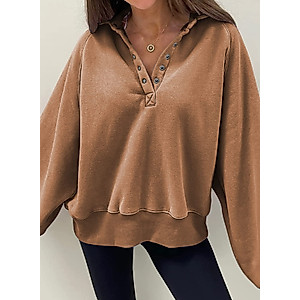 Dokotoo Womens Oversized Sweatshirts Buttoned Crewneck Oversized Loose Comfy Long Sleeve Lantern Sleeve Sweatshirts for Women Pullover Casual Fashion Winter Fall Shirt Tops Brown Medium
