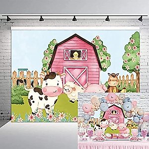 7x5ft Cartoon Farm Animals Party Backdrop Pink Barn Girl Baby Shower Birthday Photography Background Farmland Animals Cows Pigs Barnyard Backdrop Banner Cake Table Decoration Photo Booth Props