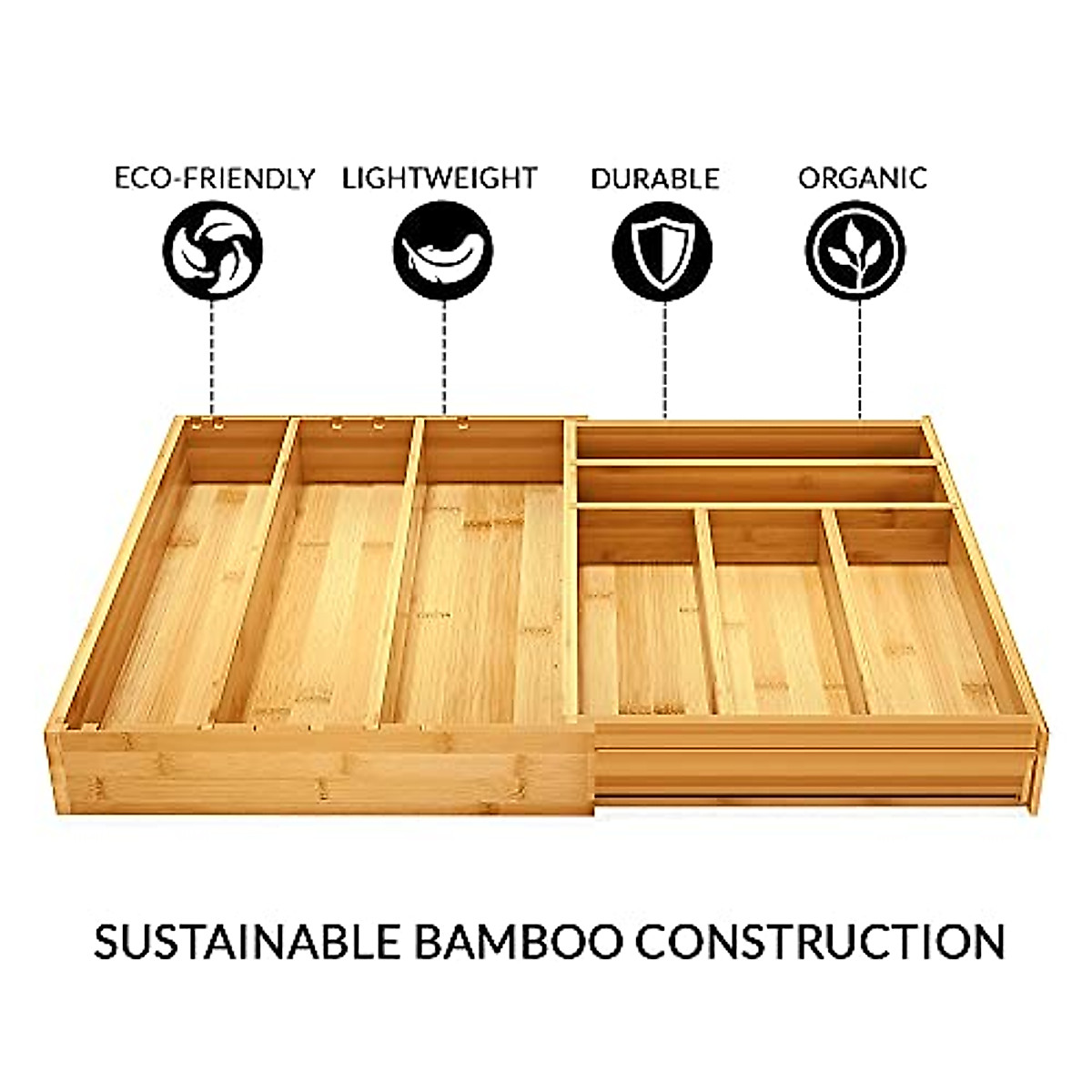 ZESPROKA Bamboo Kitchen Drawer Organizer for Utensils, Silverware, Flatware, Spoons, Fork & Knives–Adjustable Cutlery Tray Divider for Storage & Organization –8 Compartments