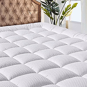 MATBEBY Bedding Quilted Fitted Queen Mattress Pad Cooling Breathable Fluffy Soft Mattress Pad Stretches up to 21 Inch Deep, Queen Size, White, Mattress Topper Mattress Protector