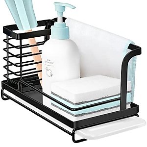 Nieifi Sink Caddy Organizer Countertop Sponge Brush Soap Holder with Drain Pan Stainless Steel for Kitchen Black