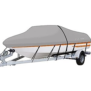 Boat Cover,GAOMON 420D Waterproof Trailerable Marine Grade Polyster Canvas Fits V-Hull, Tri-Hull Fishing Boat, Runabout, SKi Boat, Bass Boat (Gray, Length:17'-19' Beam Width: up to 96")