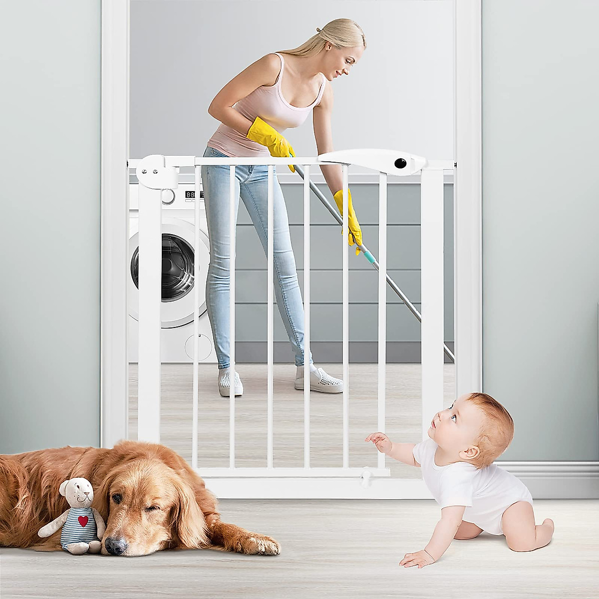 Baby Gate for Stairs, 29.9" High Safety Pet Gates for Dogs, Fits Between 25.5" and 28.3", Easy Walk Safety Gates for Baby, Easy Install Pressure/Hardware Mounted Dog Gates for House Indoor