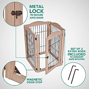 Arf Pets Freestanding Dog Gate with Door, 4 Panel 360° configurable Wooden Wire Fence, 89" Wide, 31.5" Tall, Foldable, Support Feet Included, for The House - Indoor Use