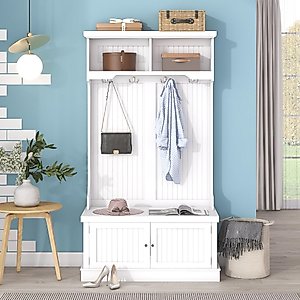 Polibi 64.4" Hall Tree with Top Shelves and Storage Bench Cabinet, Wood Storage Bench with 4 Hooks for Entryway, Living Room and Bedroom, White