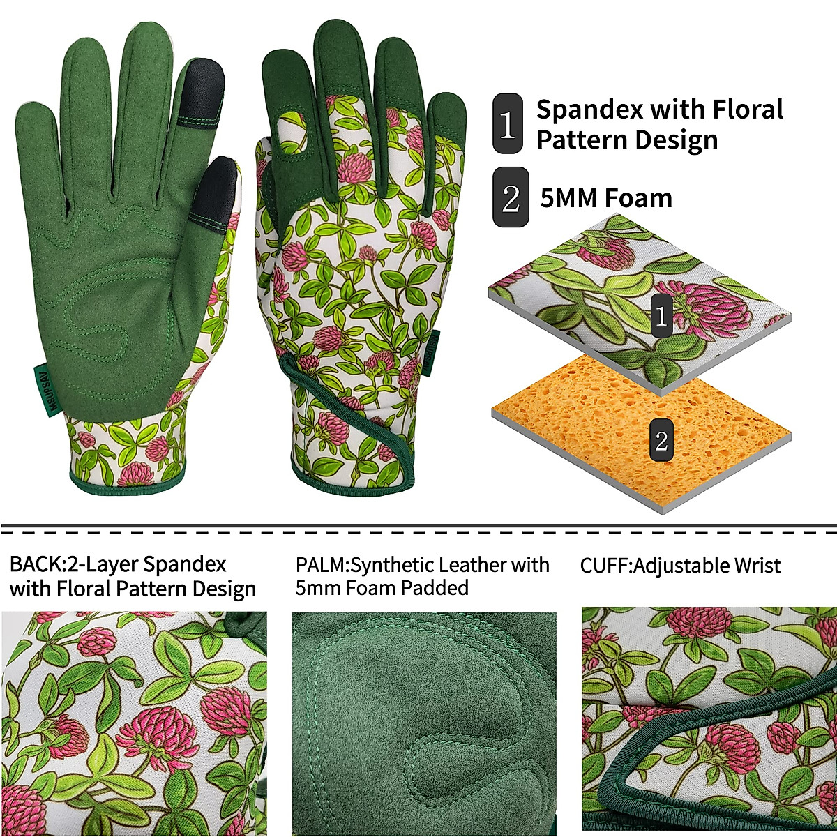 MSUPSAV Gardening Gloves for Gardening,Synthetic Leather Garden Gloves,Work Gloves with Touch Screen,Best Gifts for Women,Green, Medium