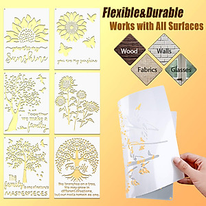 6 Pieces Sunflower Stencil Kit, Reusable Family Tree Stencil Flower Butterfly Painting Templates You are My Sunshine Stencil with Metal Open Ring for Painting on Wood Wall Decor