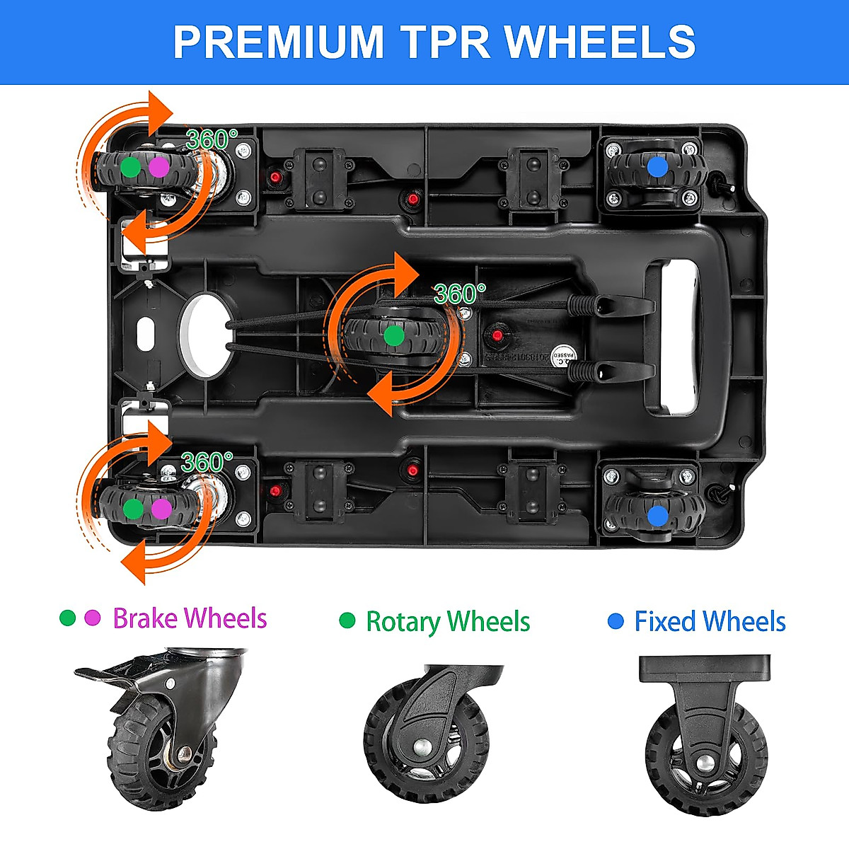 Double Rhombus Folding Hand Truck, 330 Lbs Foldable Hand Truck Dolly Cart Heavy Duty Collapsible Trolley Portable Platform Luggage Cart with 5 Wheels & 2 Elastic Ropes for Moving Travel Home Office