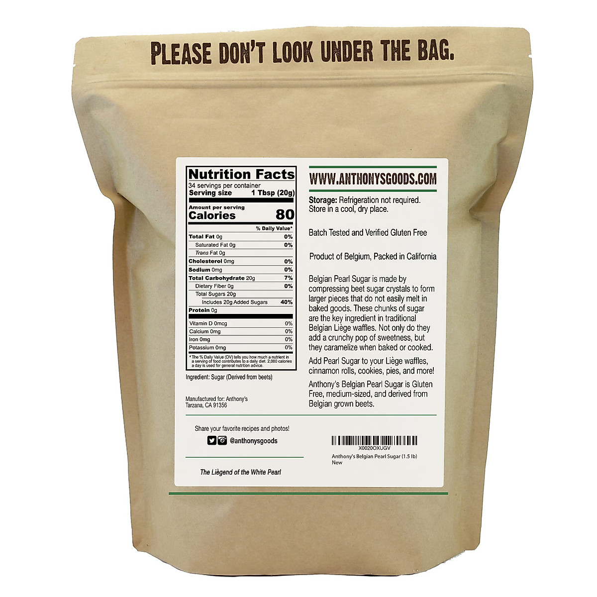 Anthony's Belgian Pearl Sugar, 1.5 lb, Batch Tested and Verified Gluten Free, Medium Sized Pearls