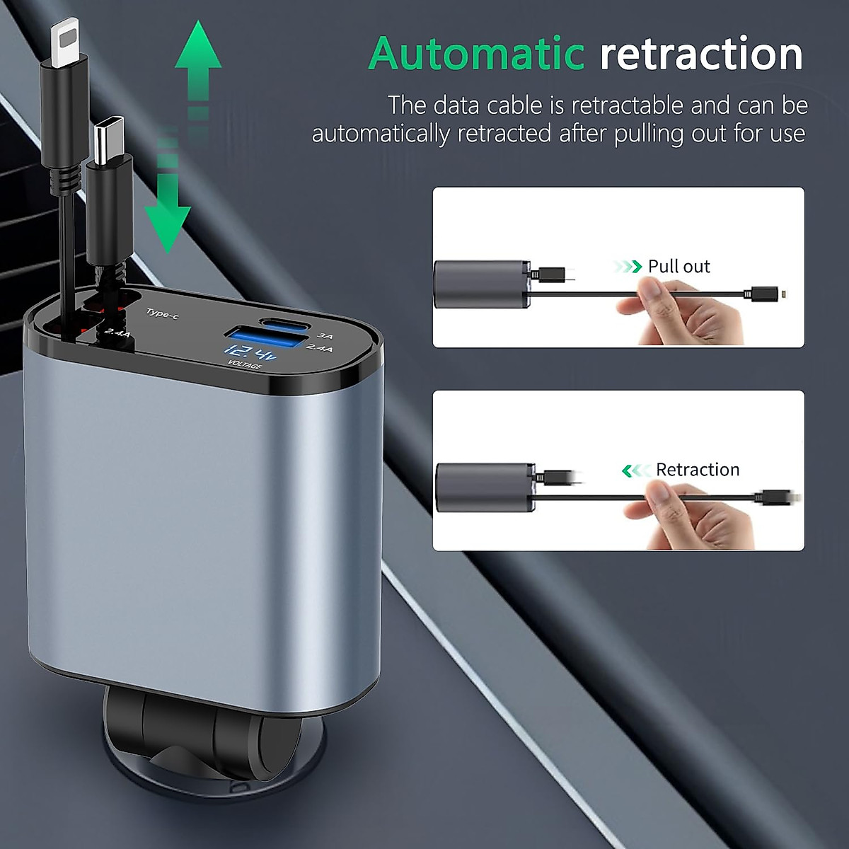 Paiholy Retractable Car Charger,4 in 1 Fast USB C Car Charger 100W with Dual Retractable Cable Dual USB Ports,Voltage Display Car Charger Compatible with iPhone 15 Pro Max/14/13/12,Galaxy S23/ S22/S10