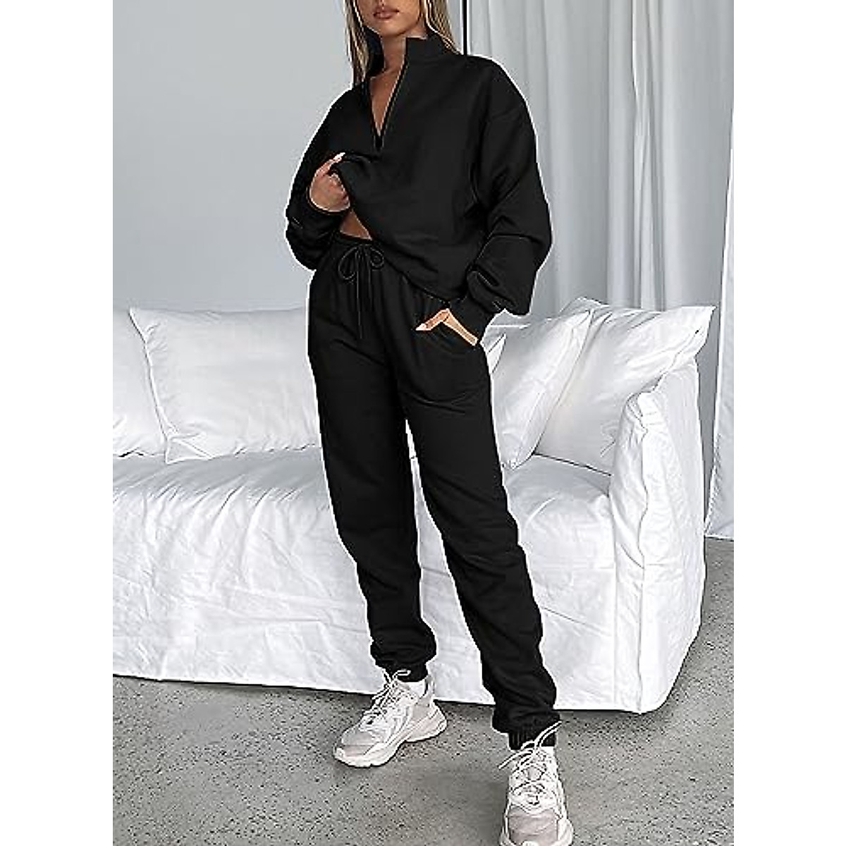 Aleumdr Womens 2 Piece Sweatsuit Sets 2023 Fall Trendy Half Zip Pullover Long Sleeve Sweatshirt Jogger Pants Outfits with Pockets Black XX-Large