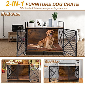 Ketive Dog Crate Furniture with Cushion, 31"L Wooden Dog Crate End Table with Double Doors, Chew-Resistant Dog Kennel Indoor, Heavy Duty Dog Crate with Wheels, Rustic Brown (31.2"L x 20.5"W x 28.9"H)