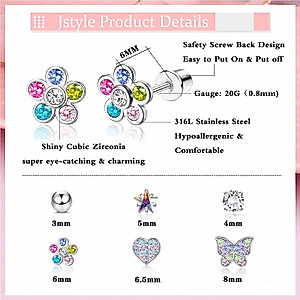 Jstyle 6 Pairs Hypoallergenic Screw Back Earrings for Women 316L Stainless Steel Stud Screwback Earrings Cute Tiny Pearl Heart Flower CZ Stud Earrings Set Multicolored Tone