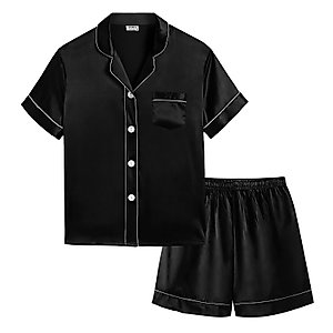 SWOMOG Kids Silk Satin Pajamas Set Girls Boys Button-Down Sleepwear Short Sleeve 2 Piece PJs Sets Lounge Sets Black 120 CM