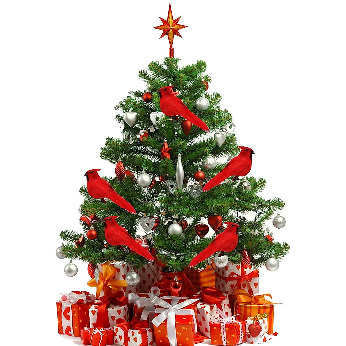 Christmas Cardinal Floral Red Artificial Feathered Birds on a Iron Wire Xmas Tree Ornaments Craft Decorations for Home Garden Wedding Decor Pack of 6