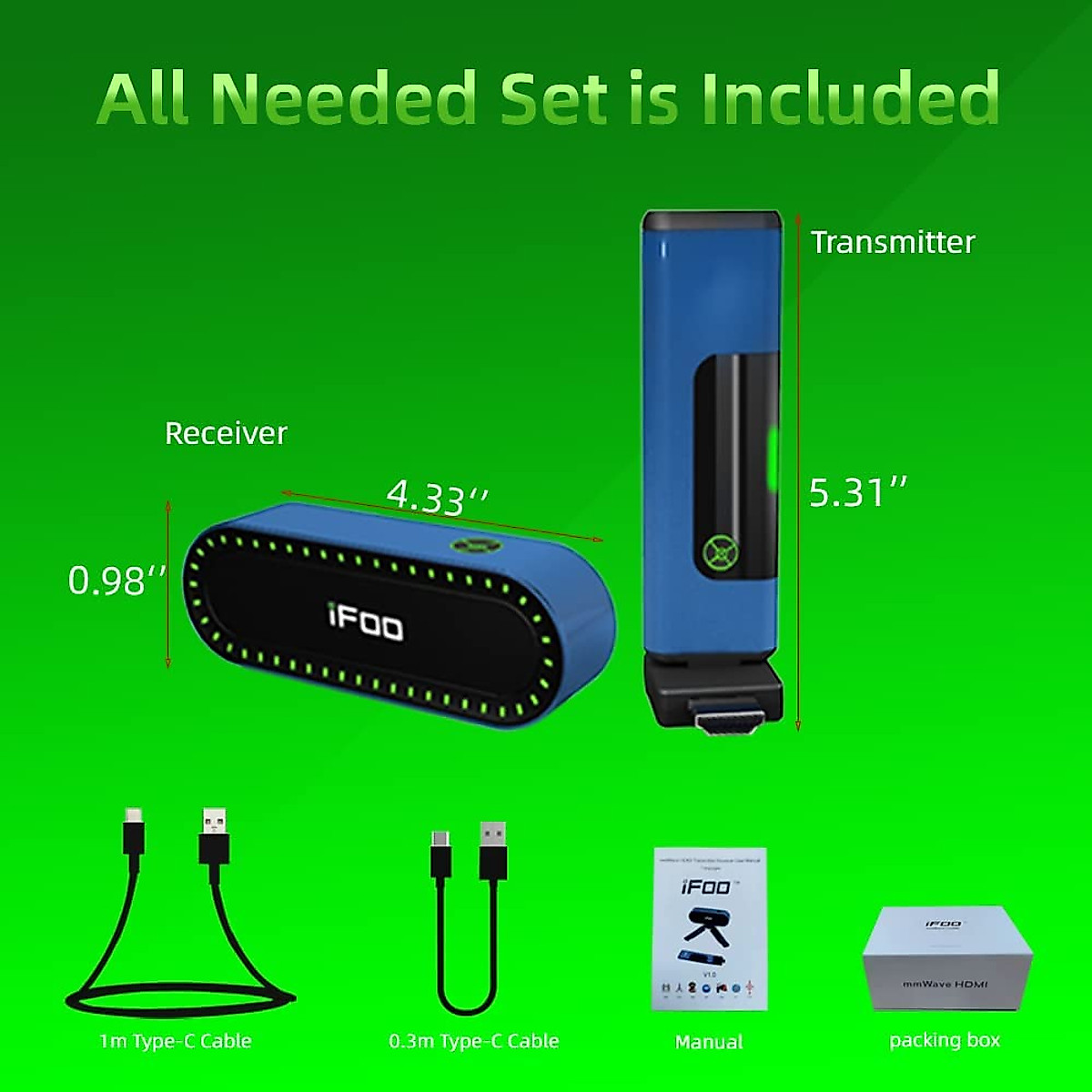 iFoo Wireless HDMI Extender 1080P@60Hz HDMI Transmitter & Receiver kit with HDMI KVM USB Extender for Mouse/Keyboard,0-Latency, Up to 100ft_-H2 pro