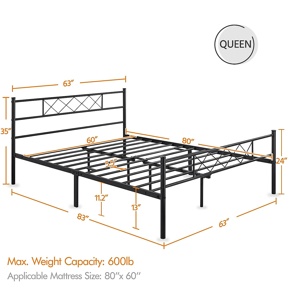 Yaheetech Queen Size Metal Platform Bed Frame Mattress Foundation with Headboard and Footboard No Box Spring Needed Under Bed Storage Steel Slats Black