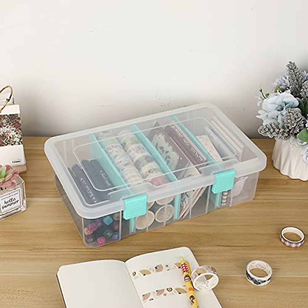 BTSKY Clear Plastic Dividing Storage Box with 4 Compartments Adjustable Storage Bin with Lid Plastic Craft Storage Container Multipurpose Sewing Box Art Supply Organizer, 13.3x8.1x3.4 Inches