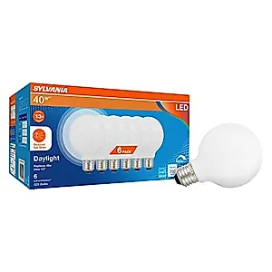 LEDVANCE Sylvania Reduced Eye Strain G25 Globe LED Light Bulb, 40W = 4.5W, 13 Year, Dimmable, Frosted, 5000K, Daylight - 6 Pack (41242)