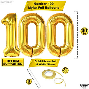 KatchOn, Gold 100 Balloon Number - 40 Inch | Gold 100 Balloons, 100th Birthday Decorations | 100K Balloons for Social Media | 100th Birthday Balloons | Gold 100 Birthday Party Supplies